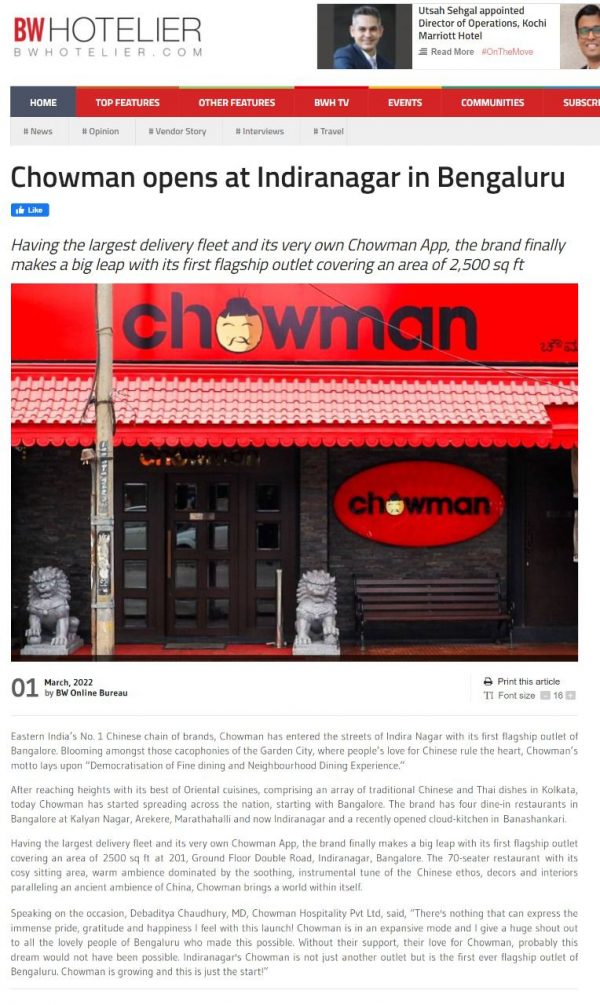 Chowman’s first ever Flagship outlet opens at Indiranagar in Bangalore ...